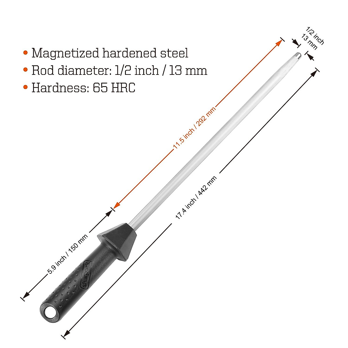 Sharpeak (a brand of SHARPAL) 108S 17.5-Inch/Rod L. 12-Inch Sharpening Steel Knife Sharpener Rod with Built-in Angle Guides Kitchen Knives Honer Knife Steel Sharpening Rod Chaira Para Cuchillos HRC 65