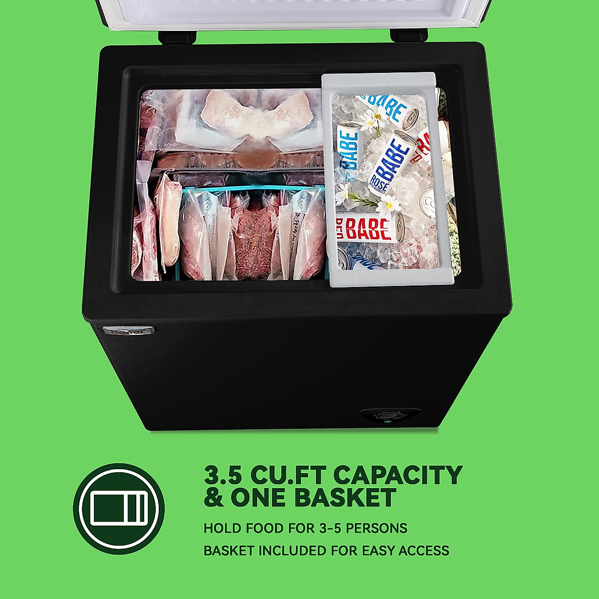 Chest Freezer Small Deep Freezer Black 3.5 Cu.Ft Free-Standing Top Door Freezer Adjustable 7 Thermostat and Removable Basket Open Garage Basement Apartment Kitchen Business