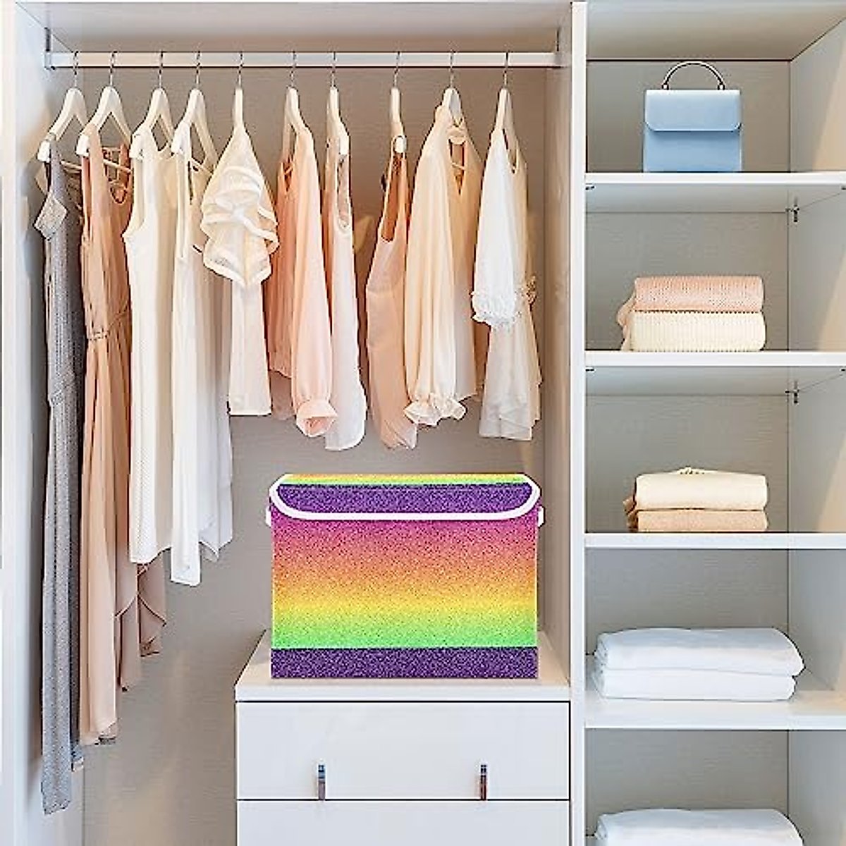 Krafig Rainbow Glitter Decorative Storage Box with Lid Large Bins Baskets Foldable Cube Organizer Collapsible Containers for Organizing, Toy, Home, Shelf, Closet
