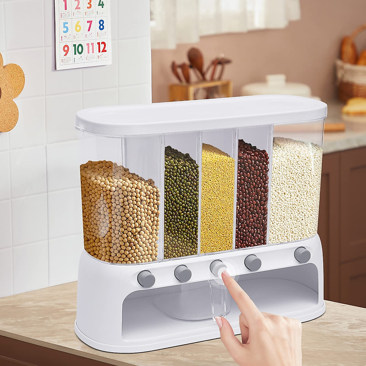 Gdrasuya10 22Lbs Rice and Grain Dispenser, 5-Grid Kitchen Dry Food Container with Airtight Moisture Lid, 1-Click Output Transparent Rice Storage with Measuring Cup for Cereal, Flour, Beans