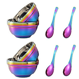 JYJFGSFA 14oz Rainbow Bowl Set with 4x Soup Bowls and 4x Soup Spoons, 304 Stainless Steel Double-Walled Cereal Bowls for Breakfast, Drop Resistance Children Bowls