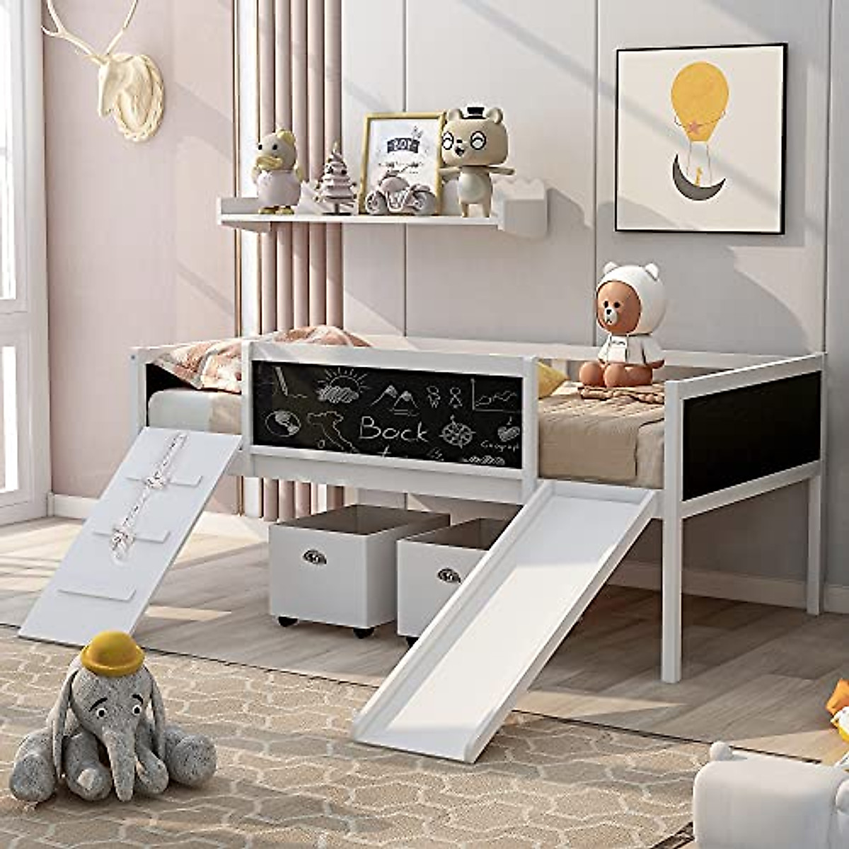 CITYLIGHT Low Loft Bed with Slide,Wood Twin Loft Bed for Kids,Loft Bed Twin with 2 Toy Boxes and Decorative Guardrail Chalkboard, Junior Loft Bed Frame for Girls Boys Toddler,White