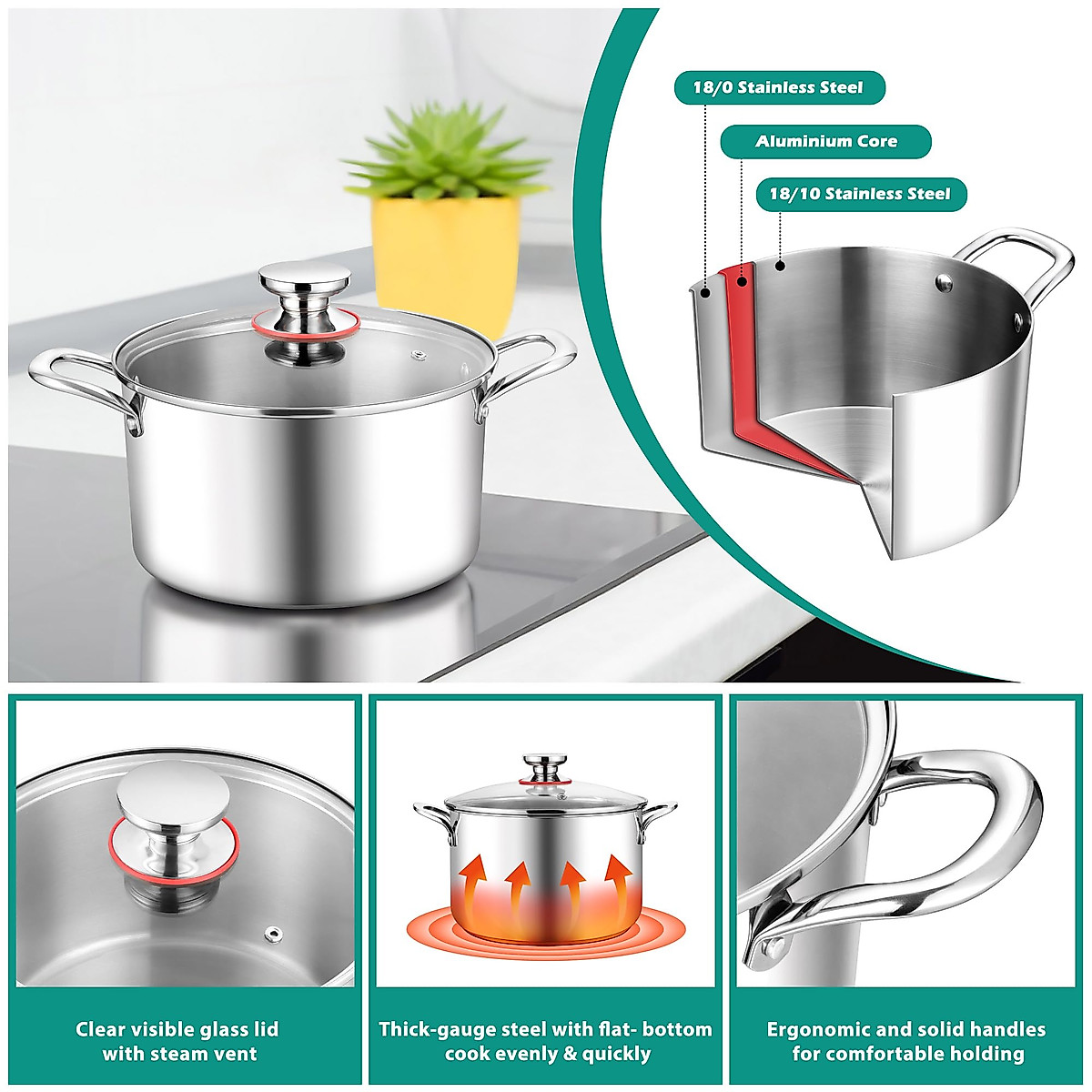 E-far 4 Quart Stock Pot, Tri-Ply Stainless Steel Cooking Pot with Glass Lid and Riveted Handles, Metal Pasta Soup Pot for Induction Ceramic Electric Gas Stoves, Heavy Duty & Dishwasher Safe