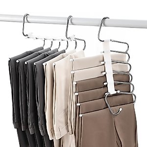 Upgraded Collapsible Pants Hangers Space Saving, 6 Layers Clothes Rack, Stainless Steel Multifunctional Closet Organizer, Non Slip Metal Hangers for Pants Jeans Skirts Trousers (2 Pack)