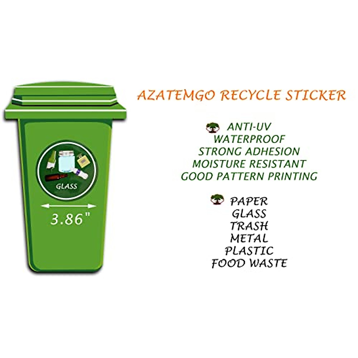 Set 6 Recycle Sticker for Trash Can Bins, Waterproof Anti-UV Strong Adhesive, Signs Decals Paper Glass Plastic Metal Trash Food Waste - Diam. 3.86"