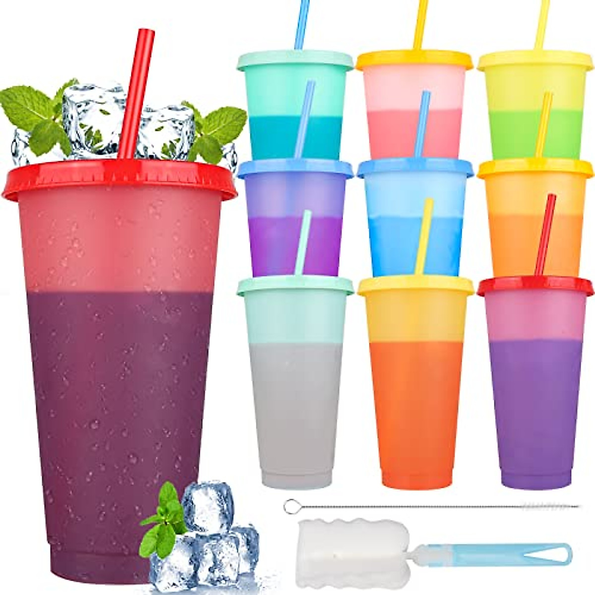 Mckanti 10 Pack Color Changing Cups with Lids and Straws, 24 oz Plastic Cups Kids Tumbler, Reusable Cups for Iced Coffee Drinking Summer Party