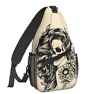 FeHuew Women Girl Skeleton Makeup Rose Skull Crossbody Sling Backpack for Men Chest Bag Shoulder Bag Lightweight One Strap Backpack Travel Outdoor Daypack