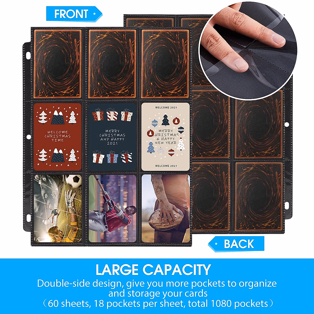 1080 Pockets Baseball Card Sleeves, JIQEZNL Premium 9 Pocket Card Sleeves Binder Sheets for 3 Ring Binder, Double Side Trading Card Protector Pages for Pokemon, Yugioh, Sport, Football Card Collector