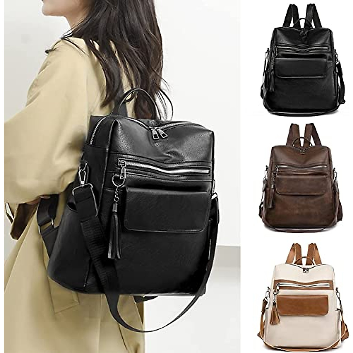 Leather Backpack Purse for Women PU Medium Size Travel Backpack Trendy Anti Theft Handbags and Shoulder Bag (White)