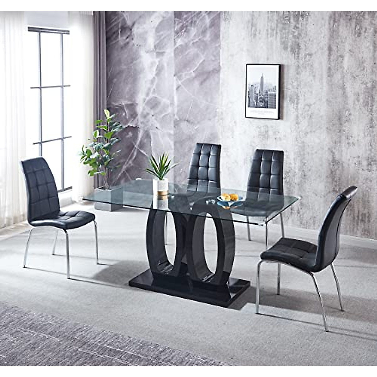 Modern Dining Table for 6, 63" Dining Room Table with Glass Top Dining Table with Black Wood Support,Glass Kitchen Table/Dinner Table for 4-6 People