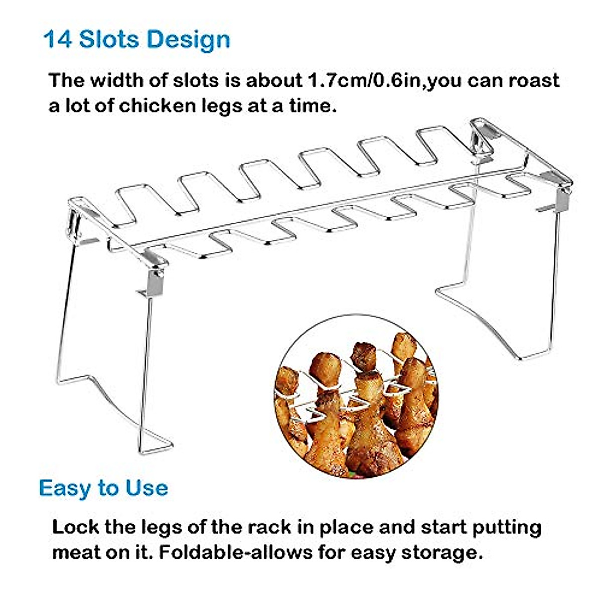 ENINFUT Chicken Leg Wing Grill Rack, 14 Slots BBQ Chicken Drumsticks Stainless Steel Roaster Stand for Smoker or Oven, with Silicone Mitts, Brush, Clip and Drip Pan, Collapsible Dishwasher Safe