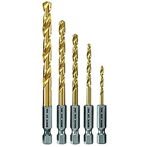 BOSCH TI5IM 5-Piece Assorted Set Titanium Nitride Coated Metal Drill Bits with Included Case Impact Tough with Impact-Rated Hex Shank Ideal for Heavy-Gauge Carbon Steels, Light Gauge Metal, Hardwood