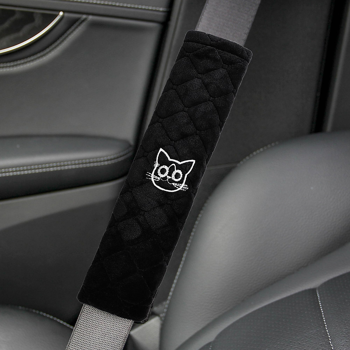 Amooca Soft Auto Seat Belt Cover Seatbelt Shoulder Pad Cushions 2 PCS for a More Comfortable Driving Universal Fit for All Cars and Backpack Black Cat