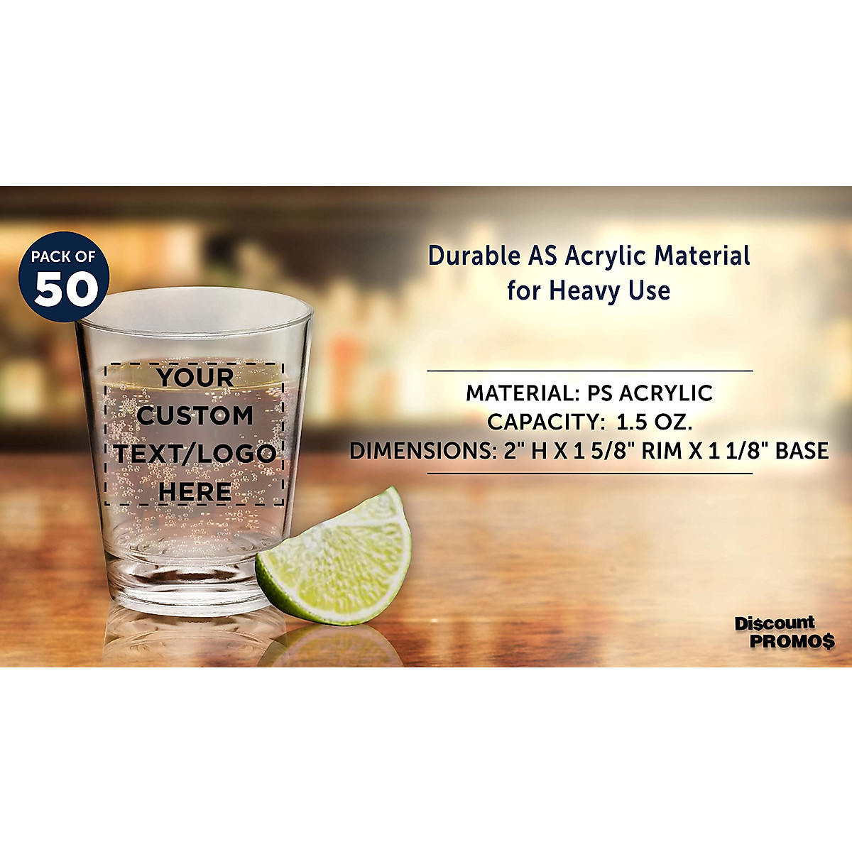 DISCOUNT PROMOS Custom Translucent Plastic Shot Glasses 1.5 oz. Set of 50, Personalized Bulk Pack - Acrylic, Great for Wedding, Party, Birthday, Gifts - Clear