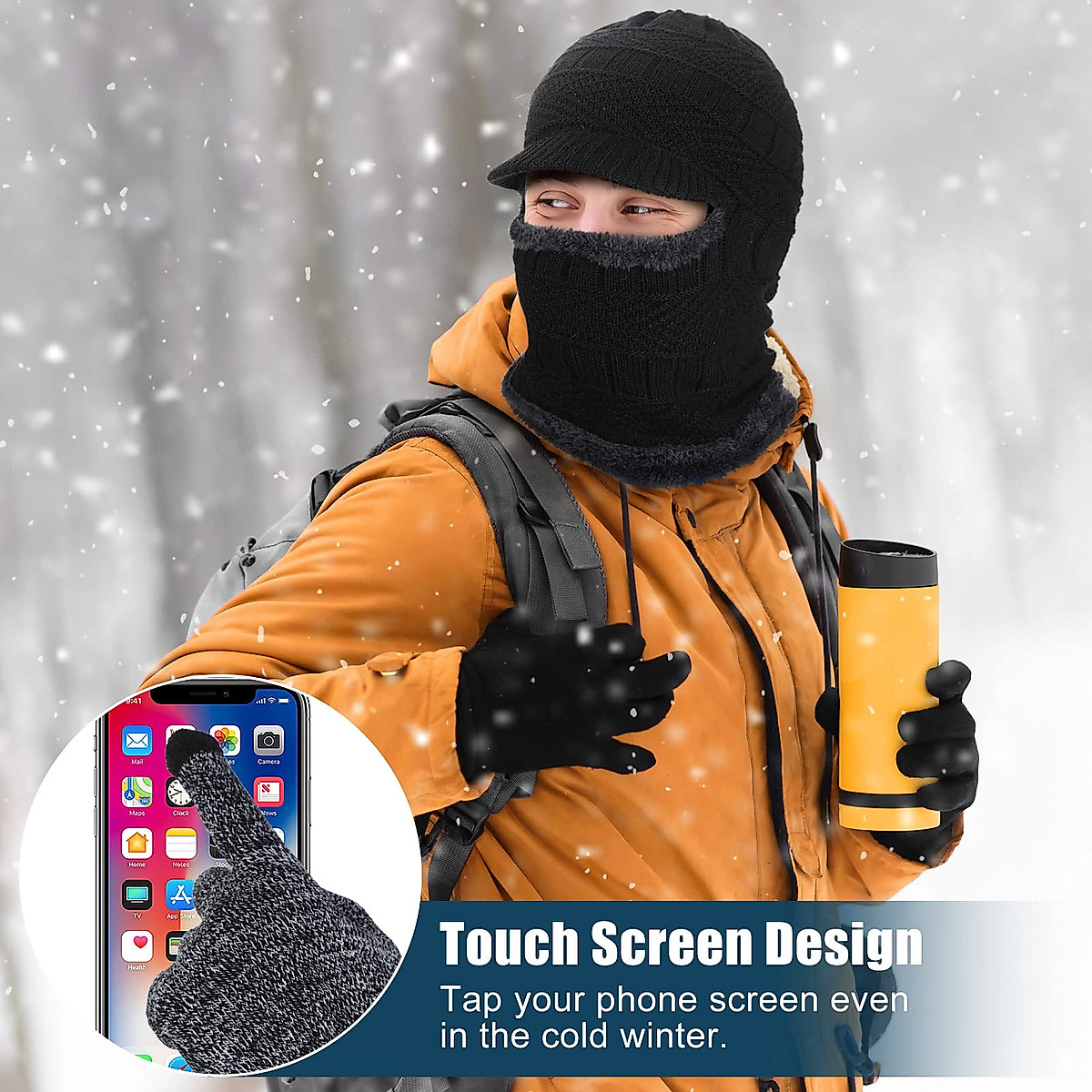6 Pcs Winter Knit Balaclava Hat Anti Slip Touch Screen Mittens Set Winter Knitted Balaclava Beanie Knitted Winter Hat Thermal Winter Gloves for Men Women Outdoor Sports