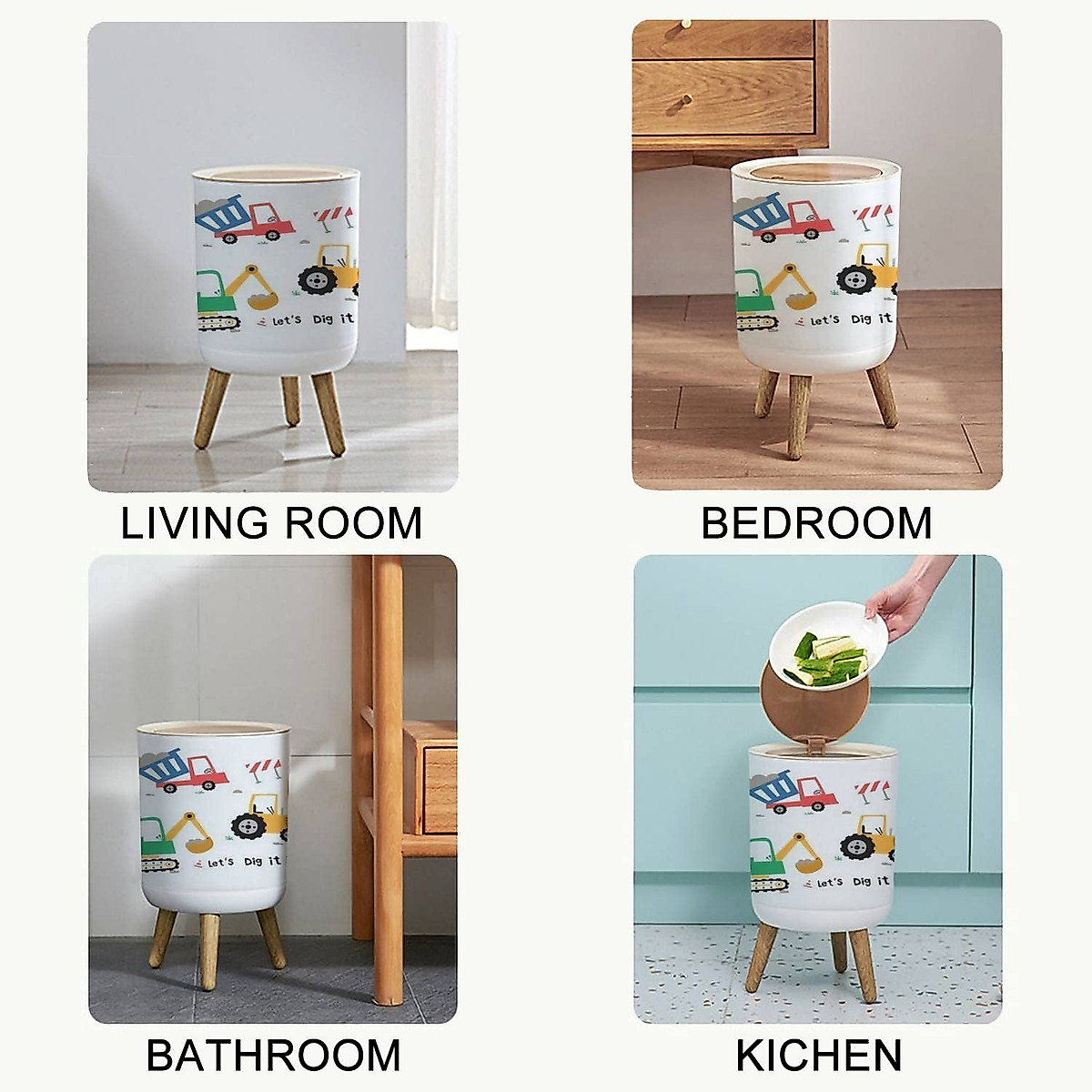 KCDCYCZEAL Small Trash Can with Lid Cute Construction Trucks for Kids Round Recycle Bin Press Top Dog Proof Wastebasket for Nursery Playroom Bedroom Office 7L/1.8 Gallon