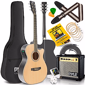 Pyle Cutaway Acoustic Electric Guitar Bundle with Guitar Stand and Practice Amp