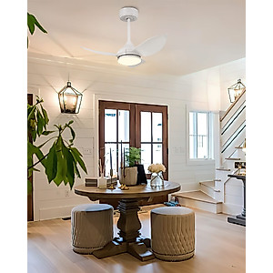 YOUKAIN Ceiling Fans, 30 lnch Small Ceiling fan with Lights and Remote Control, LED Indoor/Outdoor Ceiling Fan with 3 Reversible Blades for Bedroom, Kitchen, Patio, White, 30-YJ652-WH