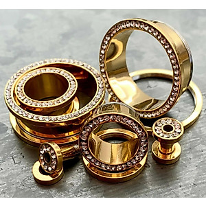 Lobal Domination PAIR of CZ Gem Rimmed Gold Ion Plated Tunnels Plugs Pierced Earlets Gauges (1" (25mm))