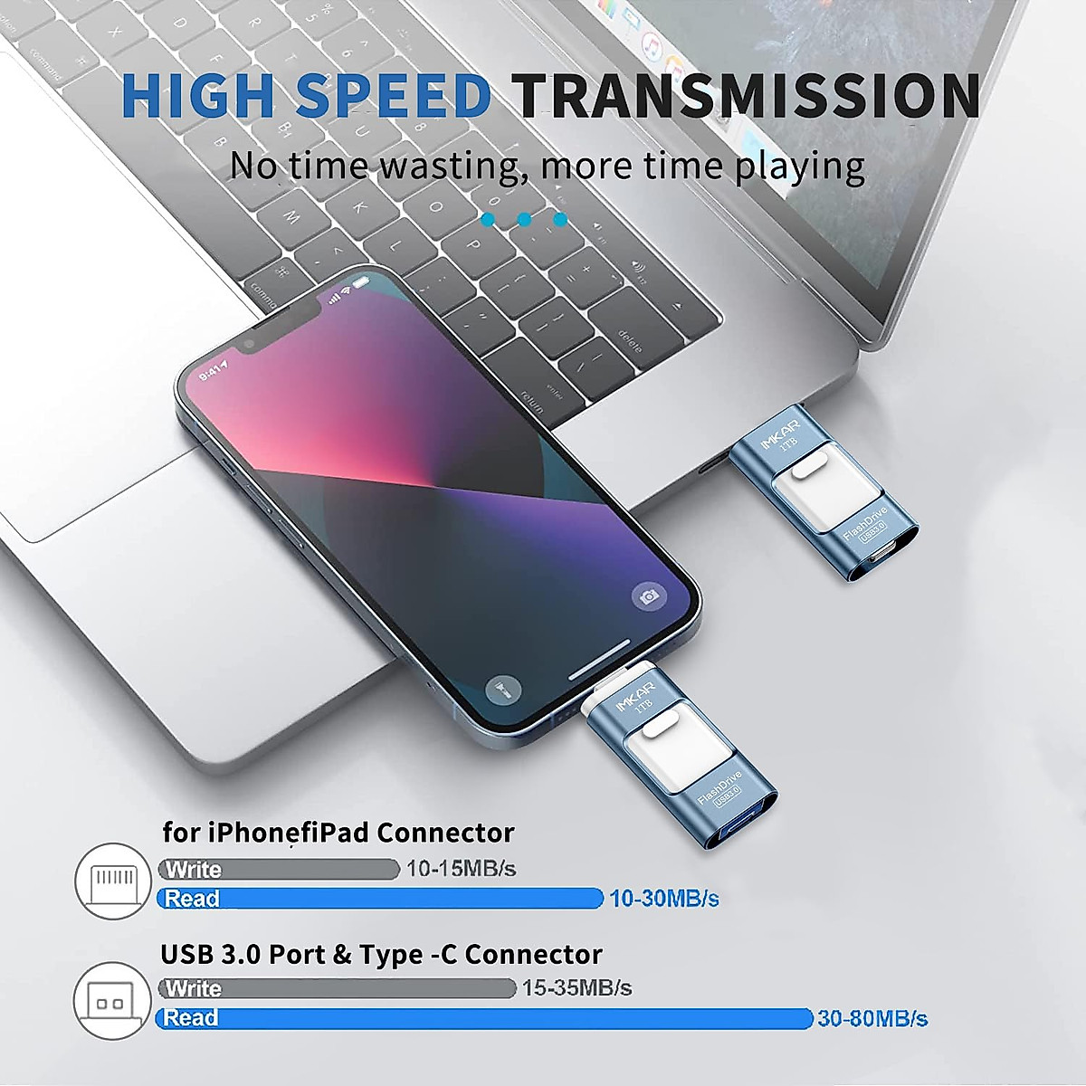 IMKAR 1TB Photo Stick for iPhone Flash Drive, iPhone Memory Stick Thumb Drives USB Stick External Storage Compatible with iPhone/iPad/Android/PC (Blue)