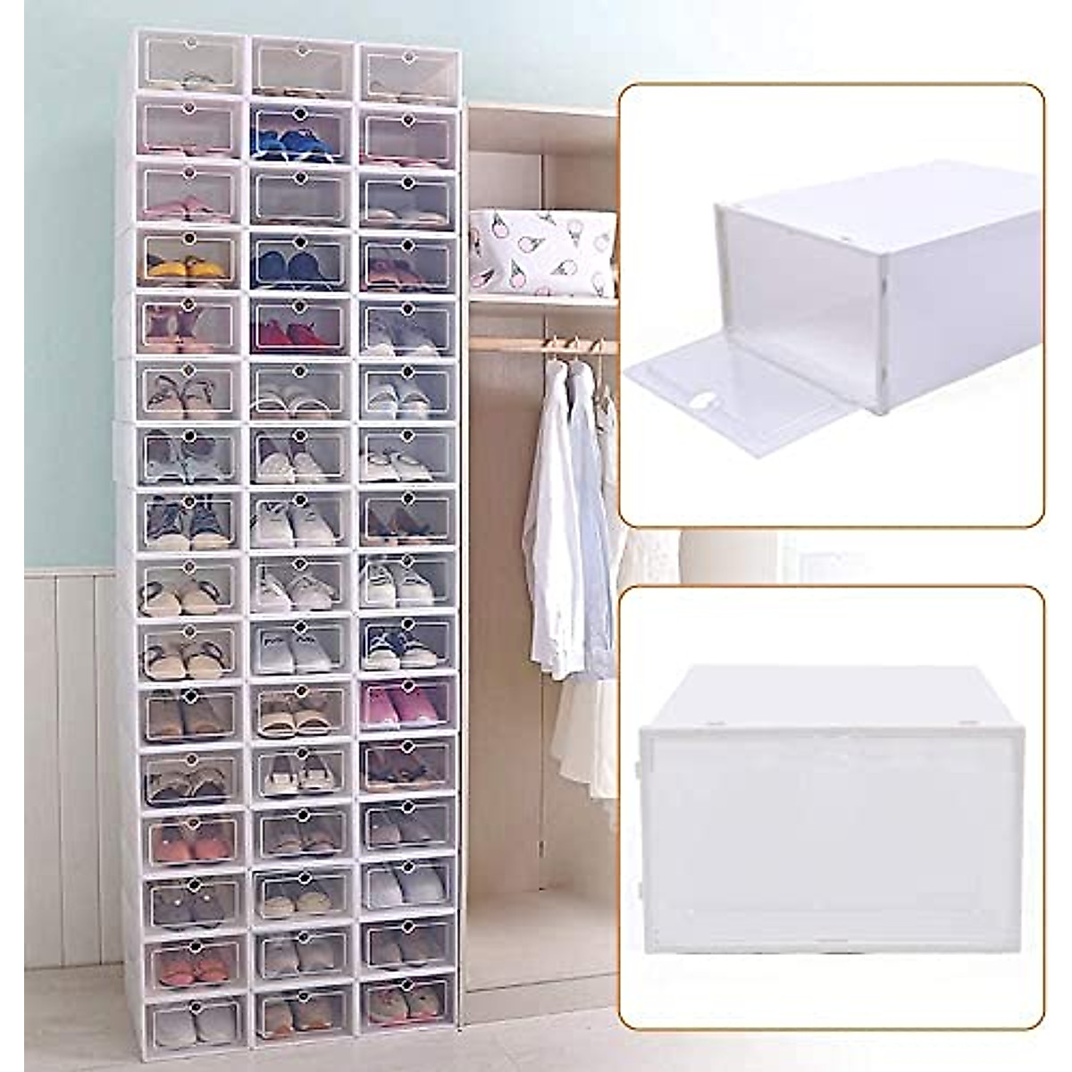 YIPONYT 20 Pack Shoe Box Side Open, Plastic Stackable Shoe Storage Organizer Shoe Container Sneaker Box for Men Women Shoe (13.0 x 9.1 x 5.5 inches, White)