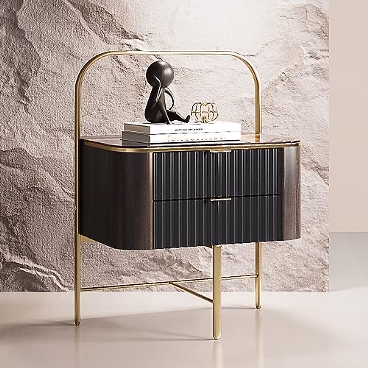 Lartis Premium nightstand, Stylish Design, 2 Drawers,Very Easy to Assembly, End Table Bedside Table，Stainless Steel Gold Plated feet(Elegant Black)