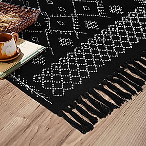 MitoVilla Black Boho Rug 2'x3', Black White Small Boho Bathroom Rug, Farmhouse Kitchen Runner Rugs, Tassel Boho Rug for Bedroom, Washable Bohemian Cotton Linen Throw Rug, Geometric Bath Mat