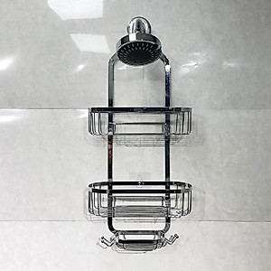 HOPOPRO Hanging Shower Organizer, Over Head Shower Caddy Bathroom Shower Storage Rack Basket with Hooks for Sponge or Towels No Drilling & Rustproof, Chrome