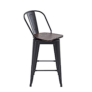 Alunaune 24" Swivel Metal Bar Stools Set of 4 High Back Counter Height Barstools Industrial Dining Bar Chairs with Large Wooden Seat-Matte Black