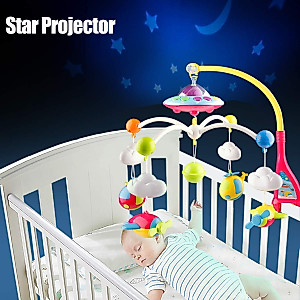 Baby Musical Crib Mobile with Light and 108 Melodies Music Box,Star Projector Function, Remote Control and Hanging Airplane Rattles Rotating,Gift Toy for Newborn