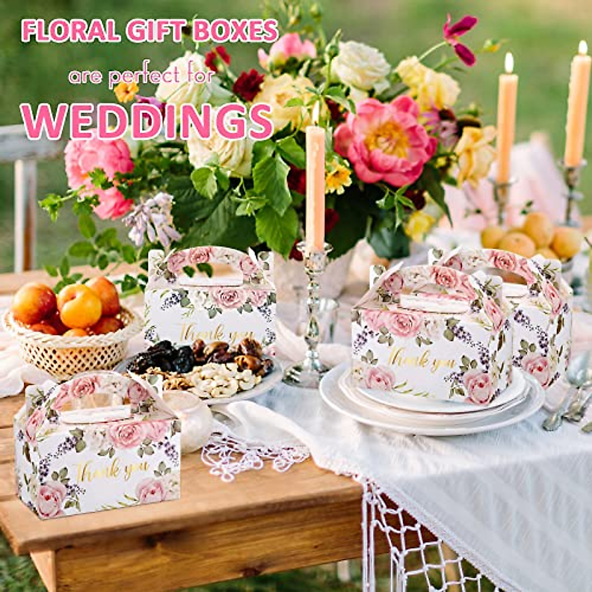 Xinnun 50 Pcs Thank You Treat Boxes Floral Design Gift Boxes Gable Boxes Party Favor Boxes for Tea Party, Wedding, Thanksgiving Day, Christmas