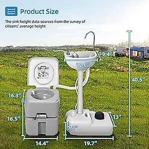 YITAHOME Portable Sink and Toilet, 17 L Hand Washing Station & 5.3 Gallon Flush Potty,for Outdoor,Camping, RV, Boat, Camper, Travel,Grey white