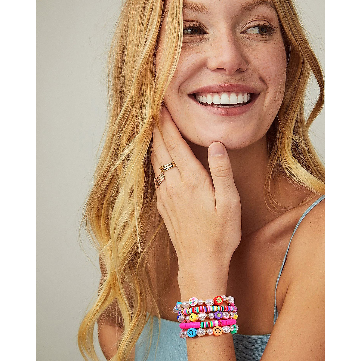 XOCARTIGE Beaded Stretch Bracelets for Women Colorful Clay Fruit Happy Face Bead Bracelet Rainbow Heishi Bracelet Set Stackable Pearl Y2K Bracelets Summer Beach Accessory (7PCS Happy Face Bracelet)