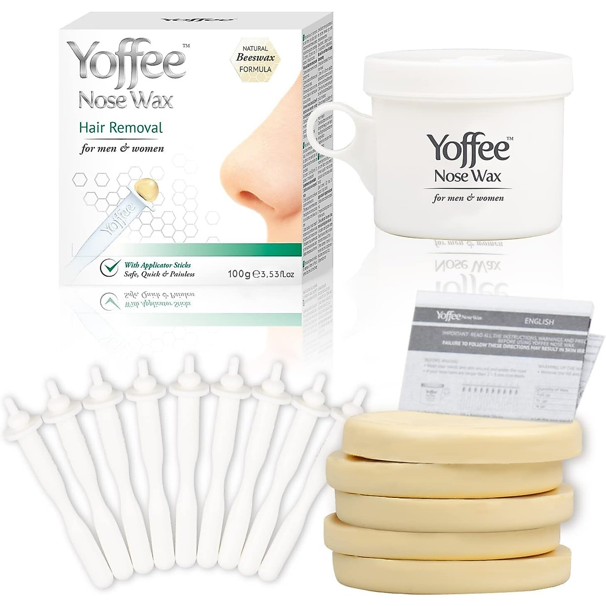 Yoffee Nose Wax Kit - Natural Bio-Beeswax & Aloe Vera Made Nose Waxing Kit for Men & Women - 10 Reusable Nostril Waxing Sticks - Painless Nose Hair Wax Removal - - Paraben & Phthalates Free