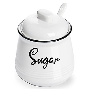 HAOTOP Farmhouse Porcelain Sugar Bowl with Lid and Spoon 12oz,Easy to Clean (White)