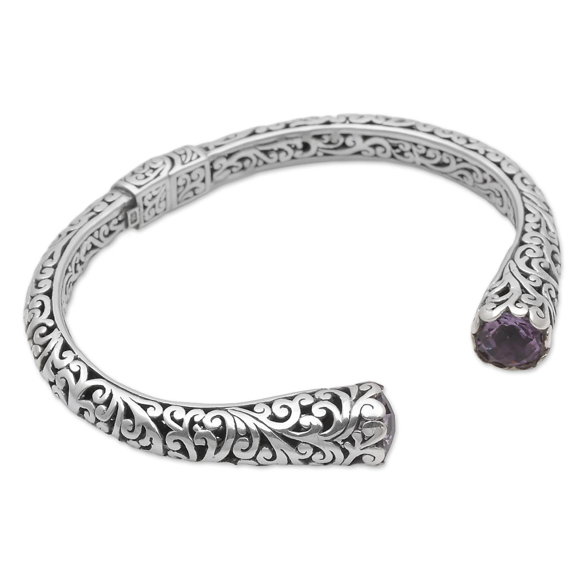 NOVICA Artisan Amethyst Cuff Bracelet and 925 Sterling Silver Spiral Motif Purple Indonesia Birthstone [6.25 in L (end to End) x 0.3 in W] ' Spiral Engagement'