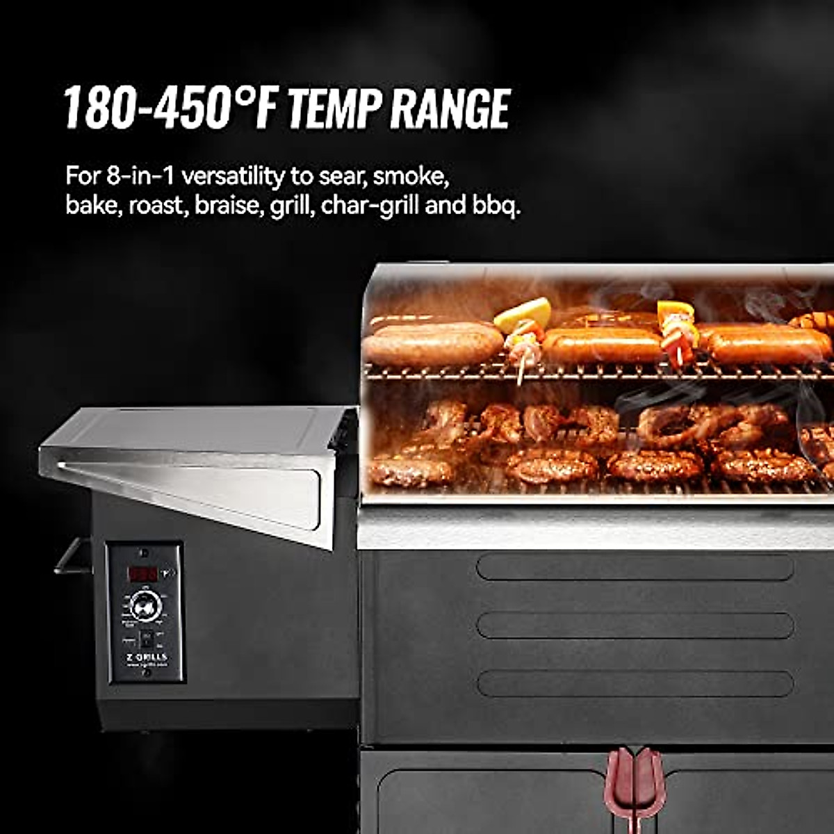 Z Grills 8 in 1 Wood Pellet Grill & Smoker with PID Controller, 572 Sq In Cooking Area, Direct Flame Access, 600D3E