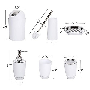 YCOCO 6 Pcs Plastic Bathroom Accessories,Includes Toothbrush Holder,Toothbrush Cup,Soap Dispenser,Soap Dish,Toilet Brush,Trash Can,White
