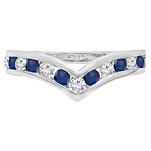 Dazzlingrock Collection Alternate Round Blue Sapphire & White Diamond Anniversary Stackable Chevron Band for Women in 14K White Gold, Size 5.5