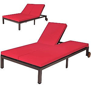 Tangkula 2-Person Patio Lounge Chair, Outdoor Rattan Double Wicker Daybed Chaise Lounge Chair with Adjustable Backrest Wheels & Cushion, Patio Sofa for Garden Lawn Backyard (Red)