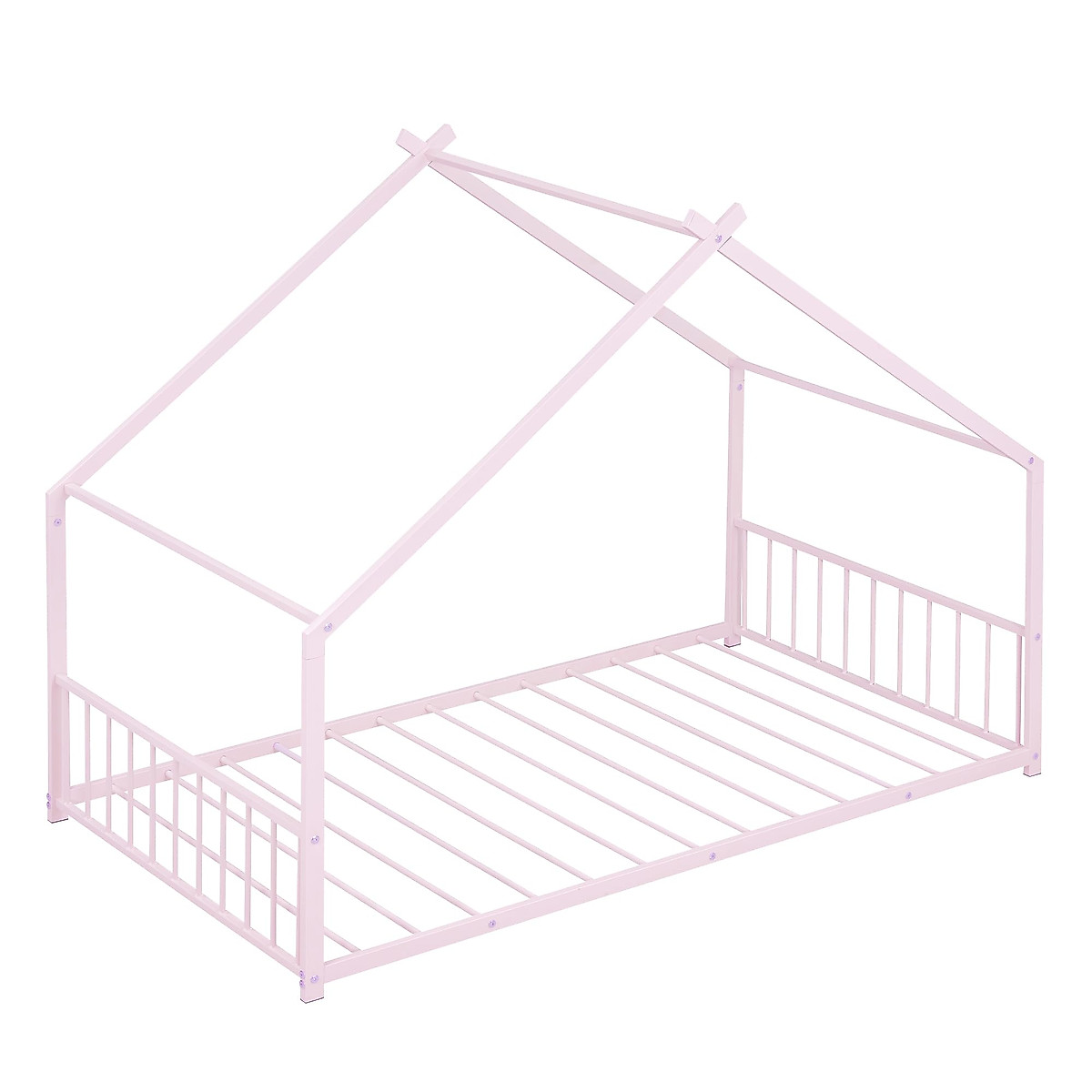 KTATK Metal Twin Size House Bed with Roof and Slats Support,Playhouse Design Montessori Floor Bed Frame W/Headboard & Footboard,No Box Spring Needed,for Kids Girls Boys,Pink