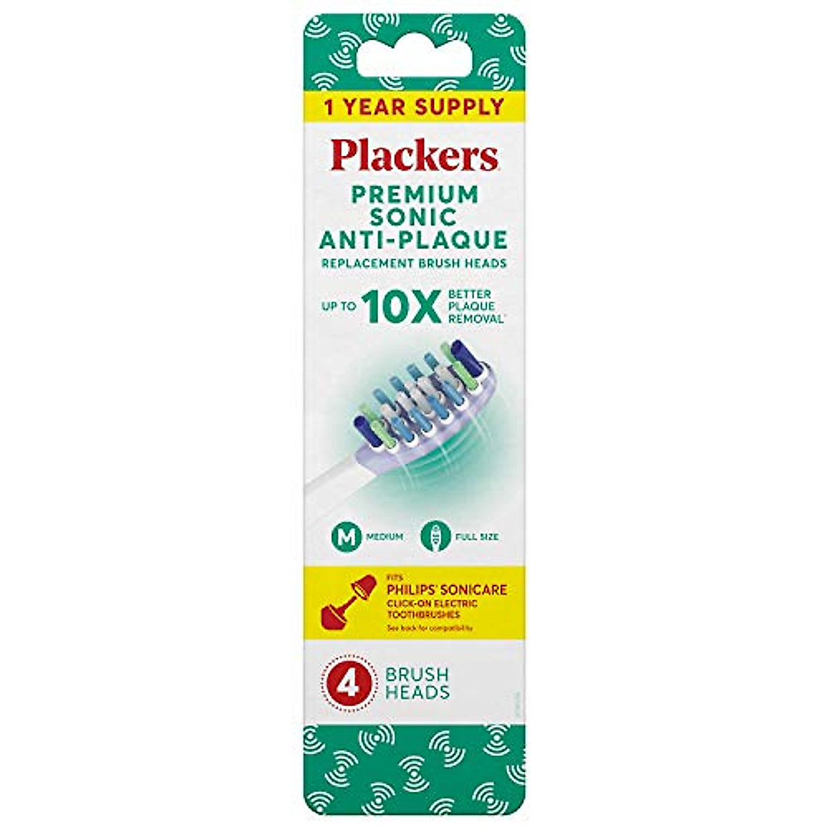 Plackers Premium Sonic Anti-Plaque Replacement Brush Heads, Fits Philips Sonicare Click-On Electric Toothbrushes, 1 Year Supply, Blue, 4 Count