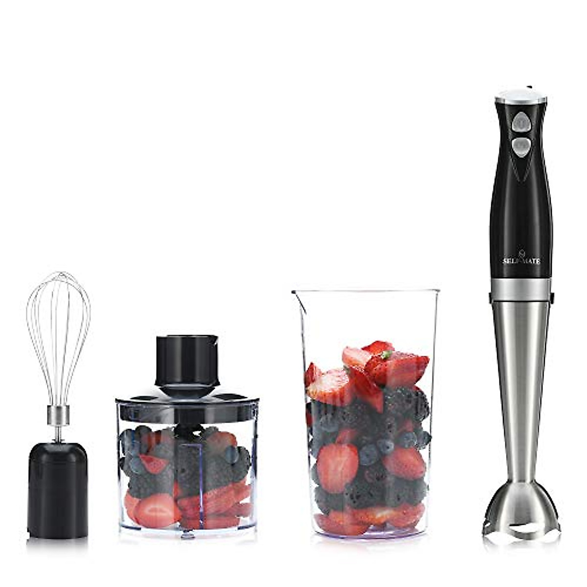 Self-Mate 3 in 1 Dual Speed Immersion Hand Blender Kitchen Set – Stainless Steel 300W Electric Mixer Blending Stick with Interchangeable Whisk Wand, Food Processor Chopper & Beaker Attachments