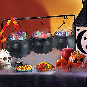 Halloween Decor - Halloween Party Decorations - Set of 3 Witches Cauldron Serving Bowls on Rack - Black Plastic Hocus Pocus Candy Bucket Cauldron for Indoor Outdoor Home Kitchen Decoration