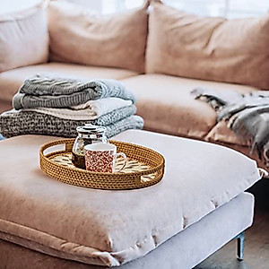 GaiaMade Large Rattan Mother of Pearl Inlay Serving Tray with 5 Coasters (1 Large, 4 Small), Coffee Serving Tray Set, Wicker Serving Tray for Coffee Table, Breakfast and Decoration, Oval Dark Blue