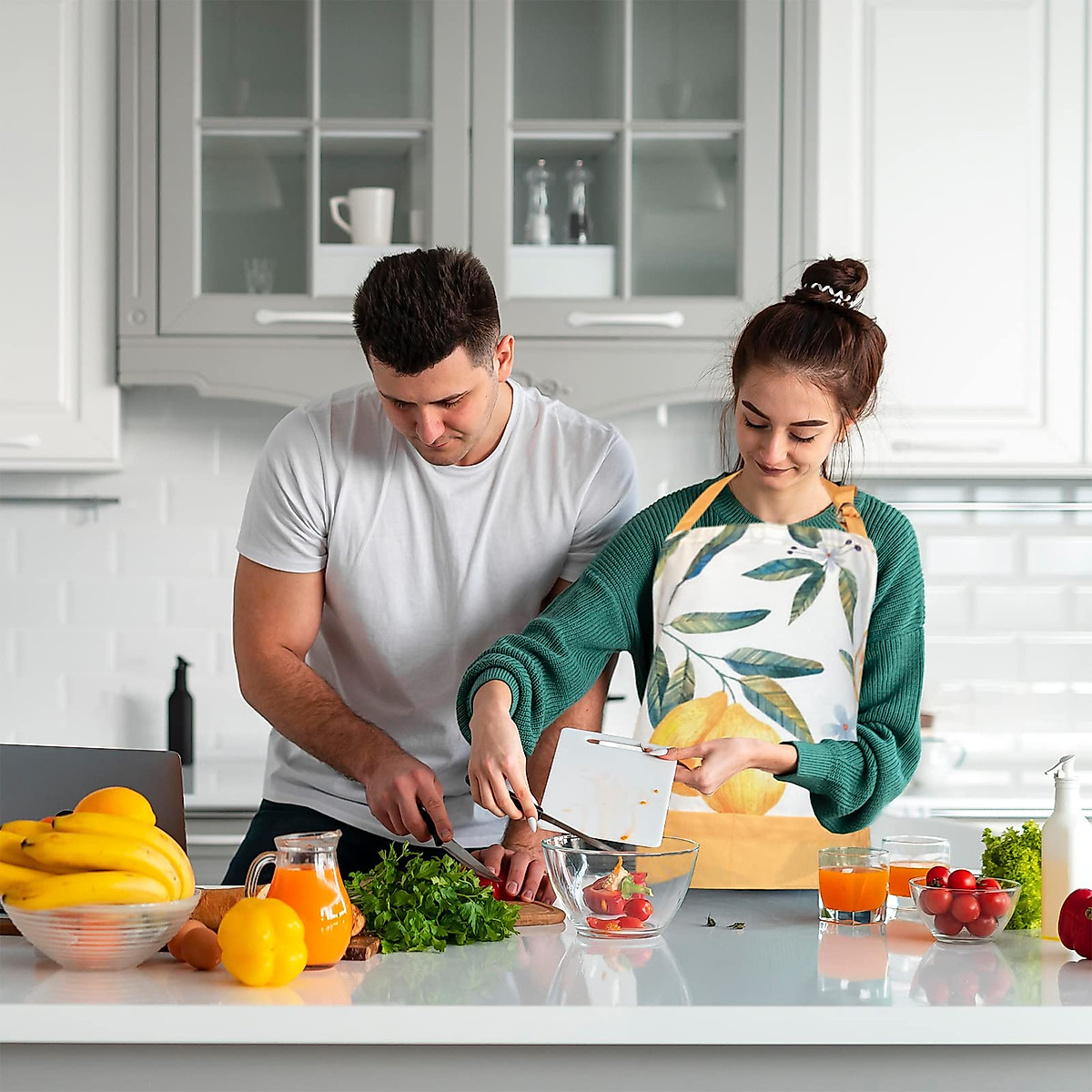 AEKTBY Kitchen Apron with 2 Pockets, Adjustable Neck Strap & Long Ties Apron for Women Men Cooking Baking Garden Chef (Thick Lemon)