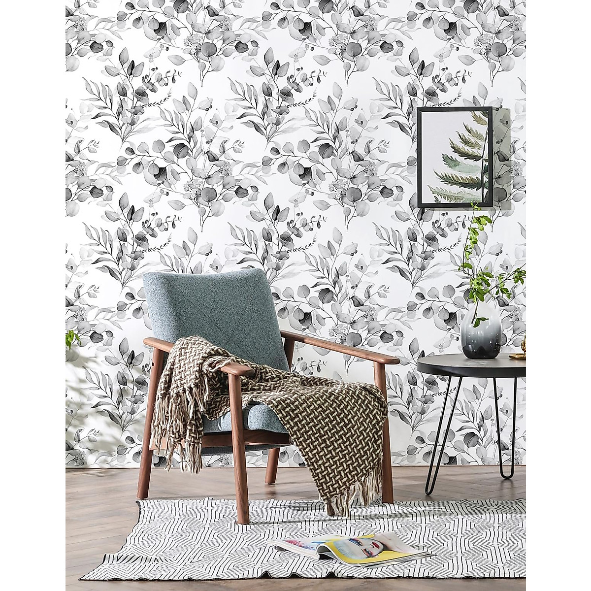 HAOKHOME 93042-2 Peel and Stick Wallpaper Boho Black/Grey/White Eucalyptus Leaf Floral Wall Mural Home Nursery Boho Contact Paper 17.7in x 9.8ft