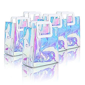 R-LOMU 5pcs Clear Iridescent Reusable Gift Bag 11 x 9.8 x 5.1 Inches Holographic Large Handbag Gift Wrap Bags Pvc with Handle for Party,Birthday,Christmas,Travel, Festival,Wedding, Shopping