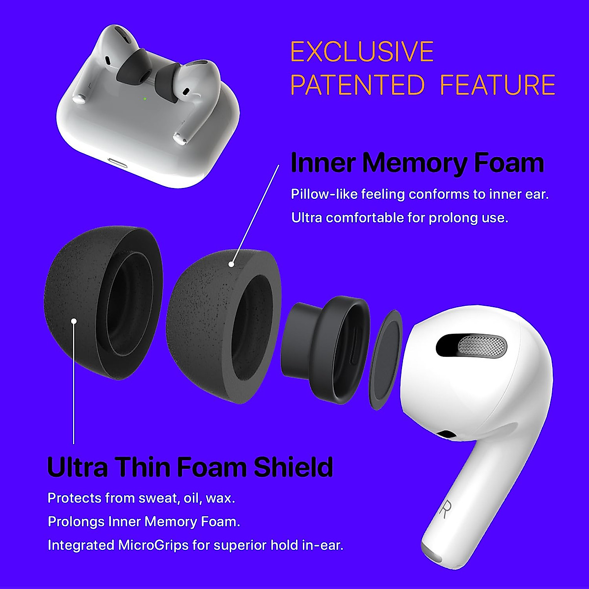 CharJenPro Patented AirFoams Pro Ultra V5.0 Memory Foam Ear Tips w/Foam Shield for AirPods Pro 1st & 2nd Gen, Newest Version 5.0, Secure, Comfortable, Super Noise Cancellation, Replacement Buds, SML