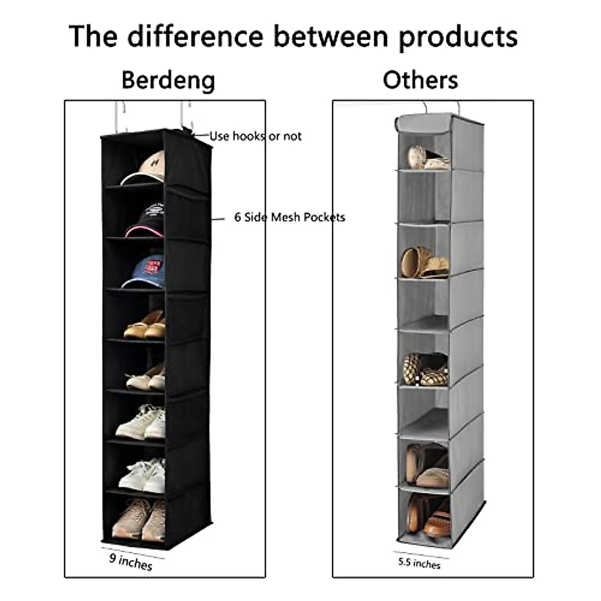 Berdeng Hanging Shoe Organizer for Closet with Side Mesh Pockets，Hat Racks for Baseball Caps，Shoe and Hat Holder & Storage，8-Shelf，Black，1 pack